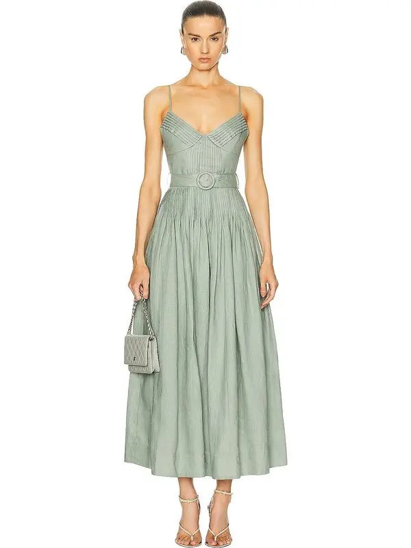 NICHOLAS Mireille Belted Pintuck Midi Dress - Pistachio