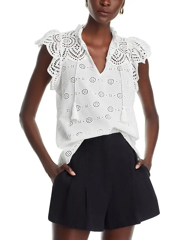 Aqua Eyelet Flutter Sleeve Top Exclusive - White