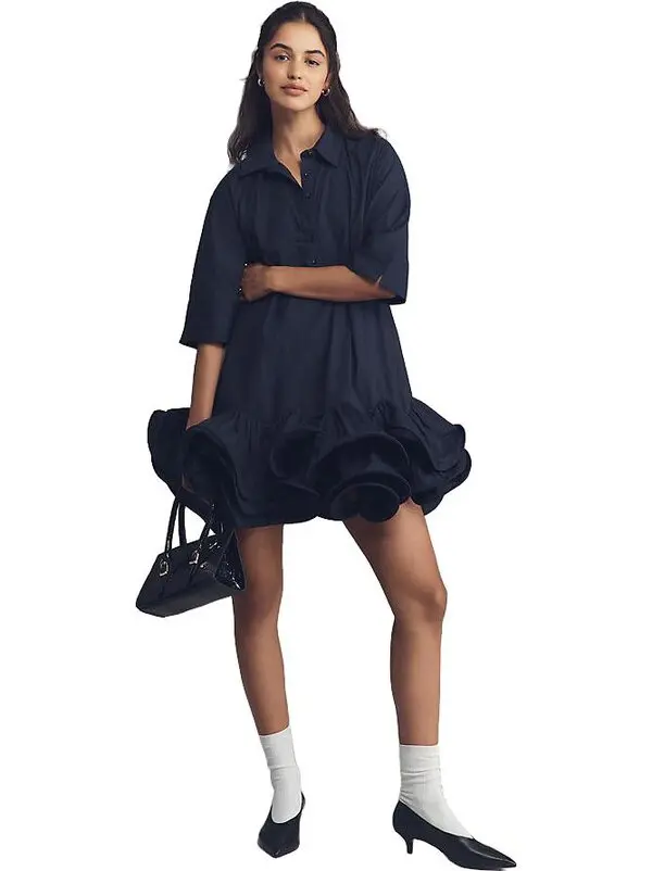 Maeve Short-sleeve Collared 3d Ruffle Mini Dress - Nightfall