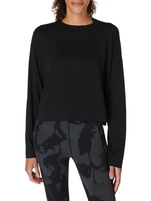 Sweaty Betty Essential Long-sleeve Organic Cotton-blend Crop T-shirt - Black