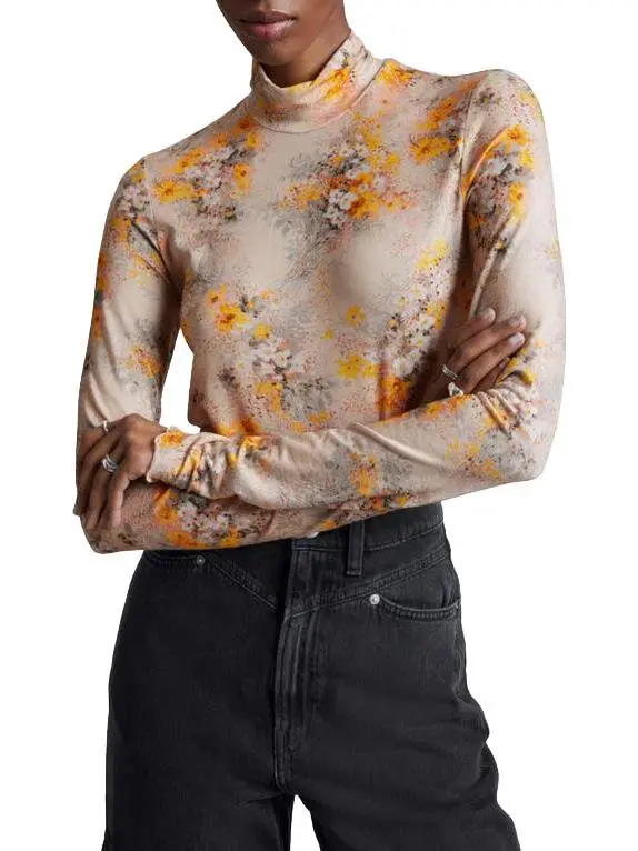 & Other Stories Floral Mock Neck Top - Beige Dusty Light