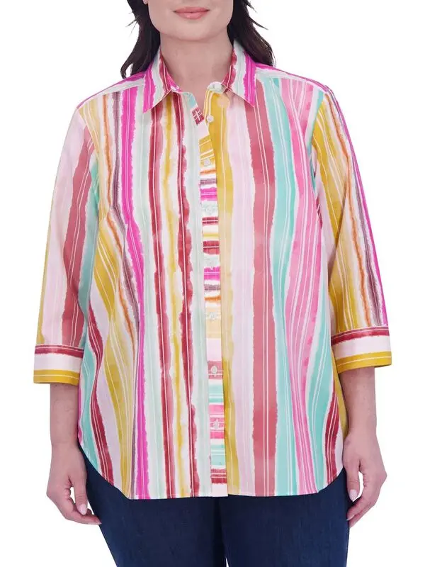 Foxcroft Watercolor Stripe Button-up Shirt - Pink Multi Stripe