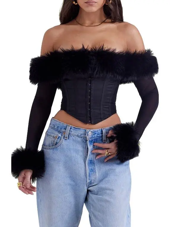 House Of Cb Merle Faux Fur Trim Crop Corset - Black