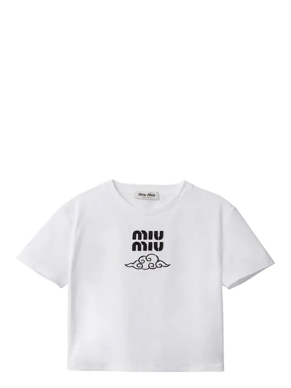Miu Miu Logo-embroidered Jersey T-shirt - Bianco