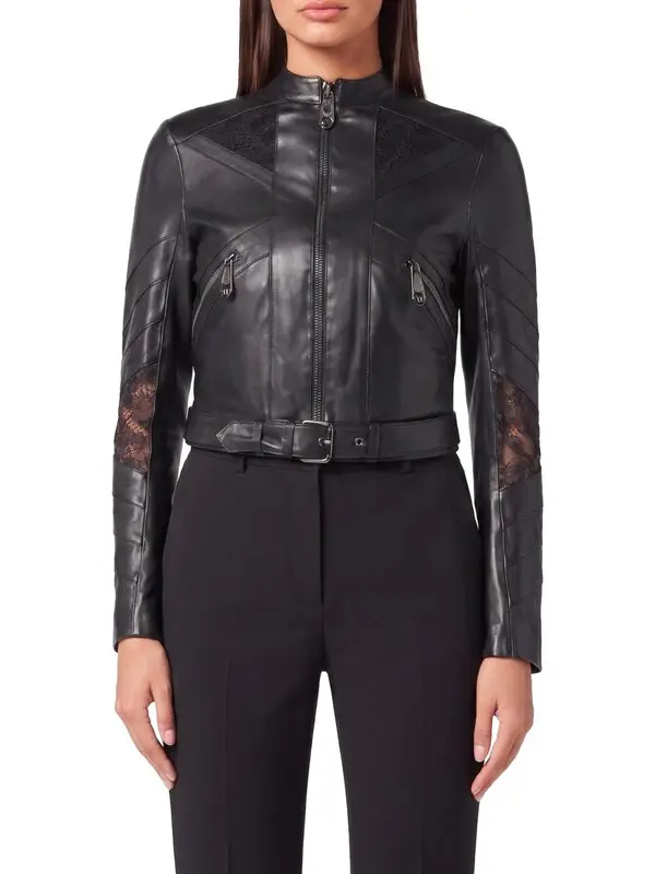 Philipp Plein Leather Jacket With Lace Detailing - Black