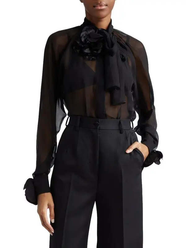 Dolce & Gabbana Floral Appliqué Tie Neck Sheer Silk Shirt - Nero