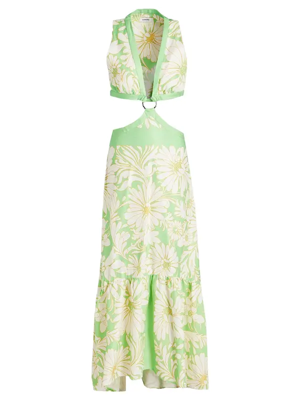 Sandro Cutout Floral-print Satin-twill Maxi Dress - Bright Green