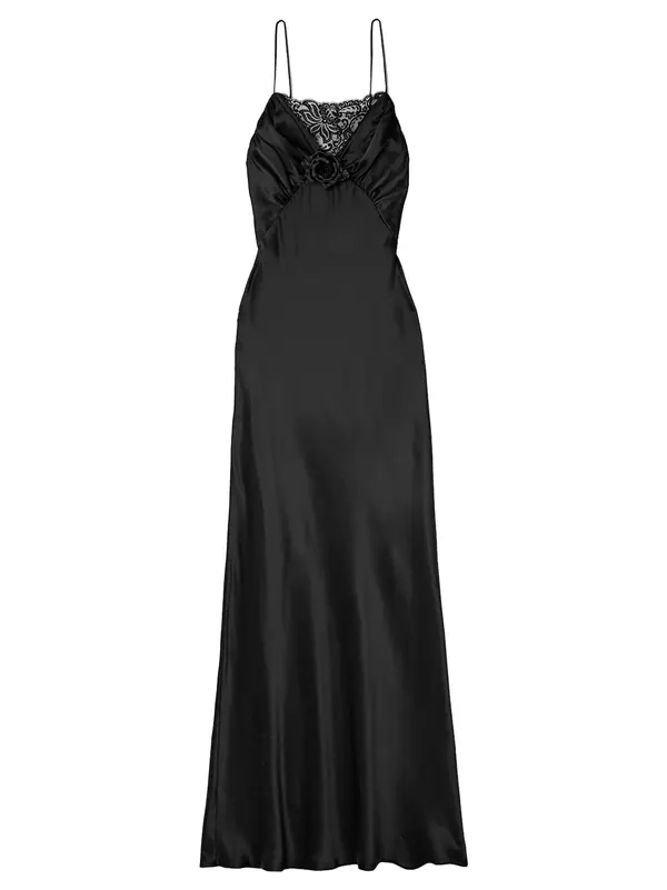 RODARTE Floral-appliquéd Lace-trimmed Silk-satin Gown - Black
