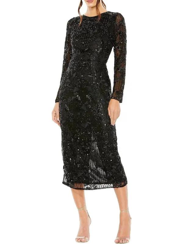 Mac Duggal Beaded Long-sleeve Midi-dress - Black