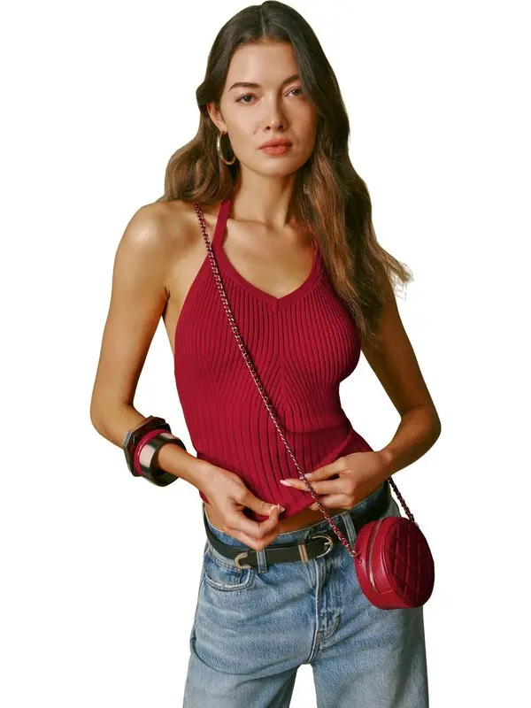 REFORMATION Delia Ribbed Halter Top - Red