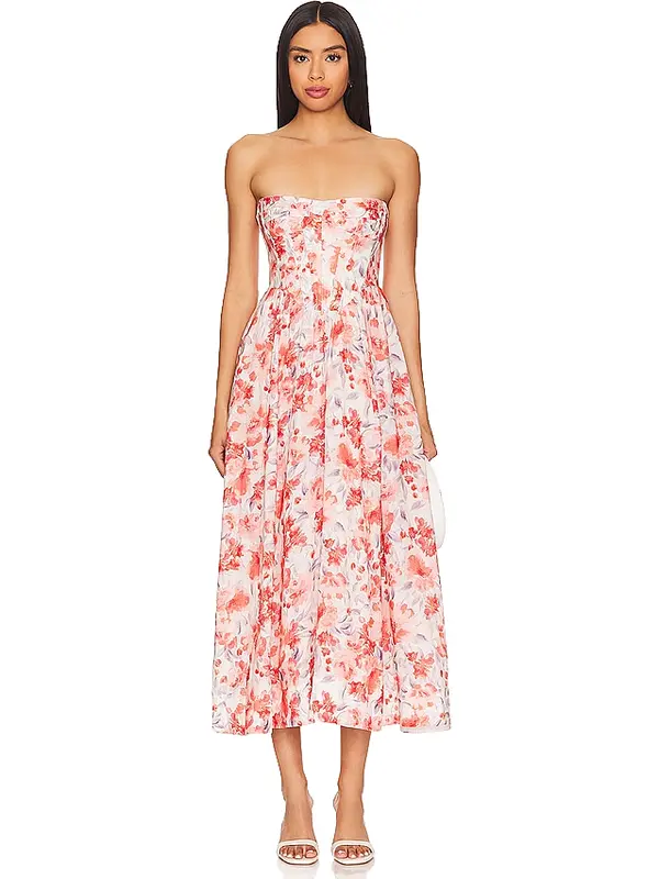 Bardot Lola Corset Midi Dress - Red Floral