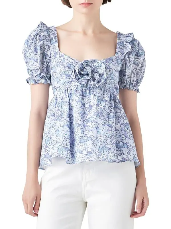 English Factory Floral Cotton Top - Blue Multi