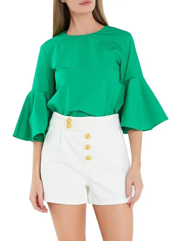 English Factory Bell Sleeve Cotton Top - Green