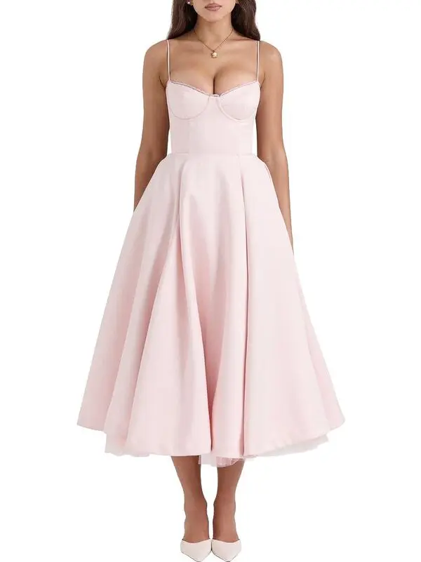 House Of Cb Mademoiselle Bustier Stretch Satin Midi Dress - Pink Salt