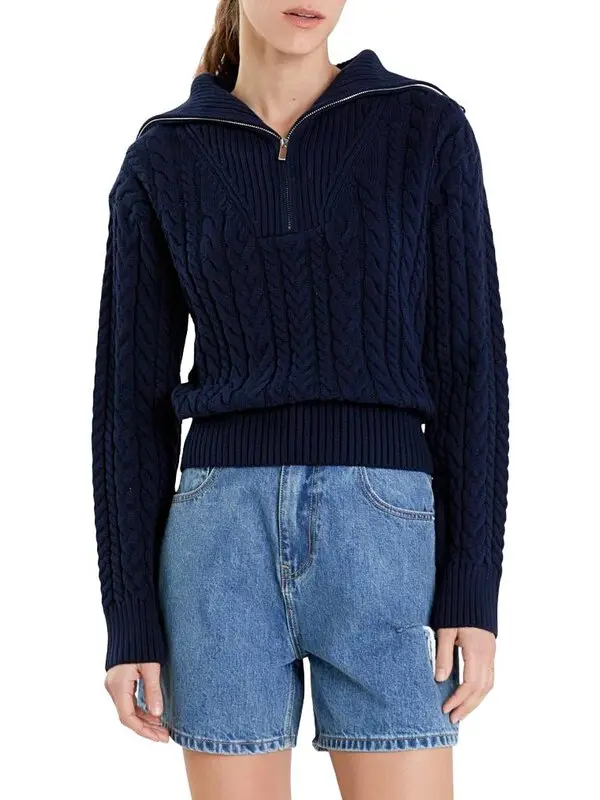 English Factory Quarter-zip Cable Knit Sweater - Navy