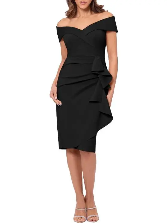 XSCAPE EVENINGS Scuba Knit Off-the-shoulder Cocktail Dress With Ruffle - Black