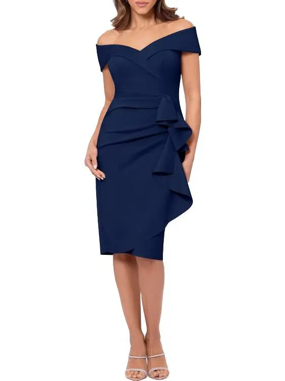 XSCAPE EVENINGS Scuba Knit Off-the-shoulder Cocktail Dress With Ruffle - Midnight