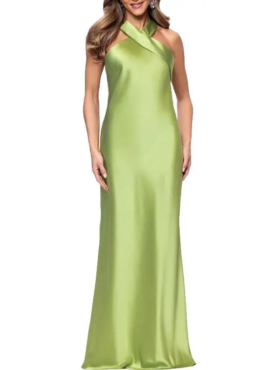 XSCAPE EVENINGS Halter Neck Satin Gown - Lime