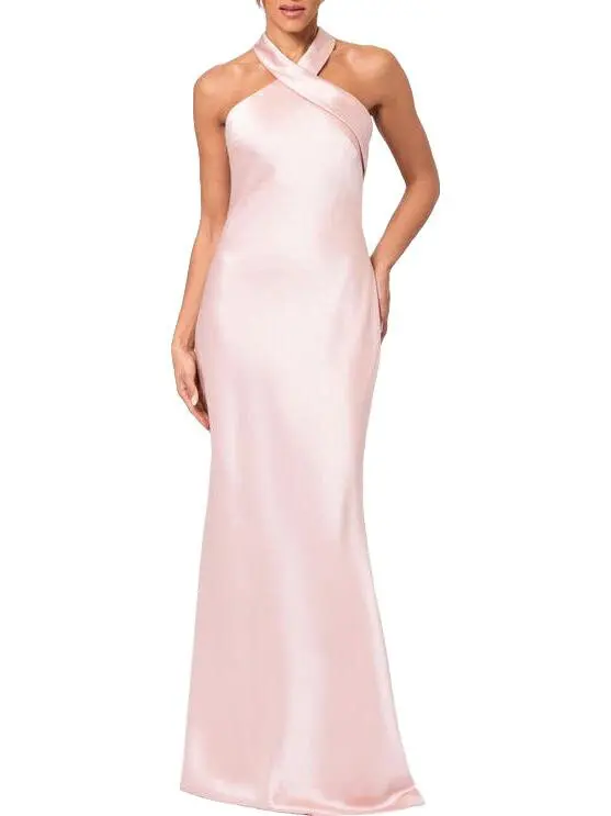 XSCAPE EVENINGS Halter Neck Satin Gown - Rose/gold