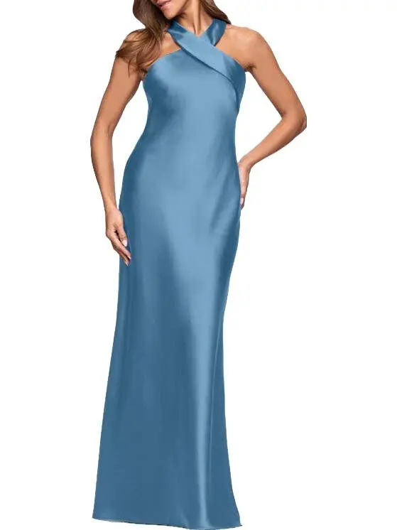 XSCAPE EVENINGS Halter Neck Satin Gown - Slate