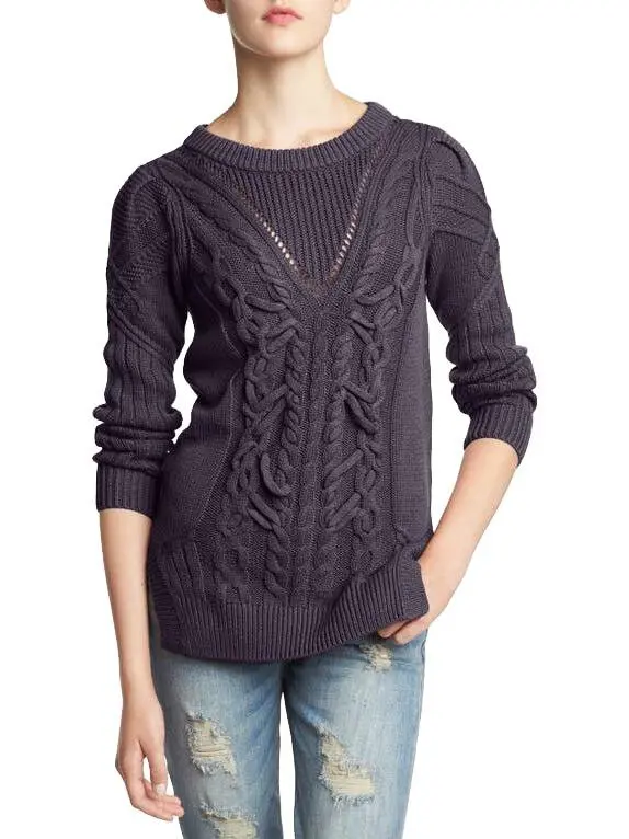 TILDON Cable Knit V-neck Sweater - Grey- Meteor