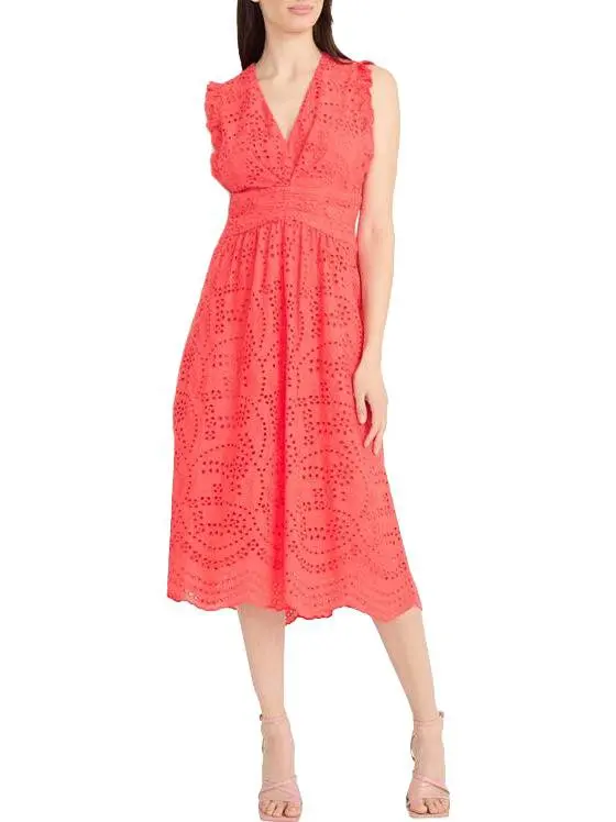 Maggy London Sleeveless Embroidered Eyelet Midi Dress - Coral
