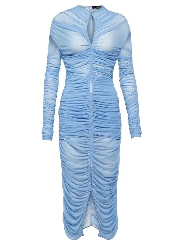 MUGLER Draped Cutout Mesh Midi Dress - Blue