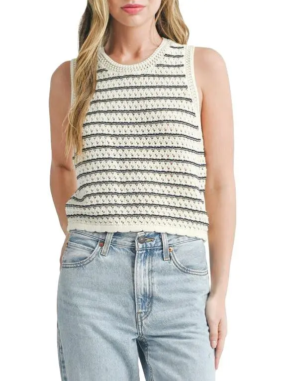 ALL IN FAVOR Stripe Openwork Cotton Tank - Cream Black
