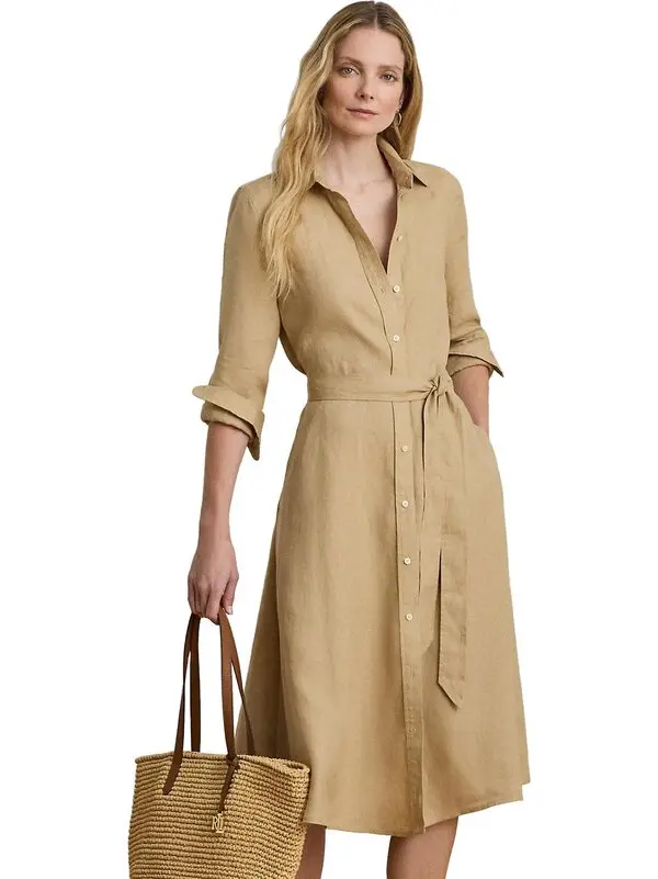 Ralph Lauren Belted Linen Shirt Dress - Birch Tan