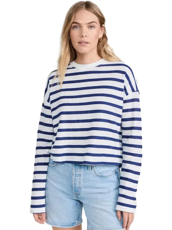 ASKK NY Printed Cropped Long Sleeve Top - Thin Navy Stripe