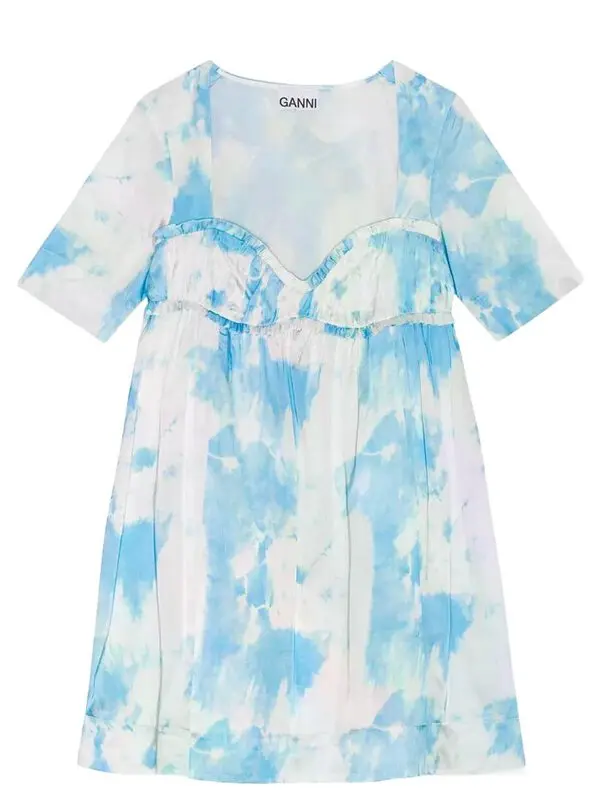 GANNI Graphic-print Satin Mini Dress - Blue