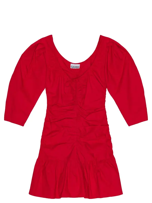 GANNI Gathe Poplin Mini Dress - Red