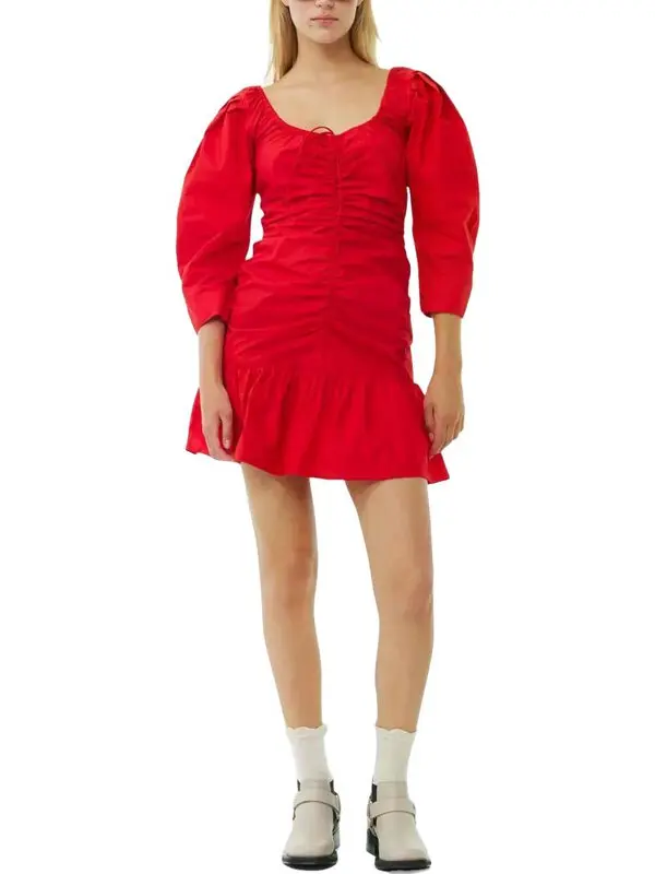 GANNI Gathe Poplin Mini Dress - Red