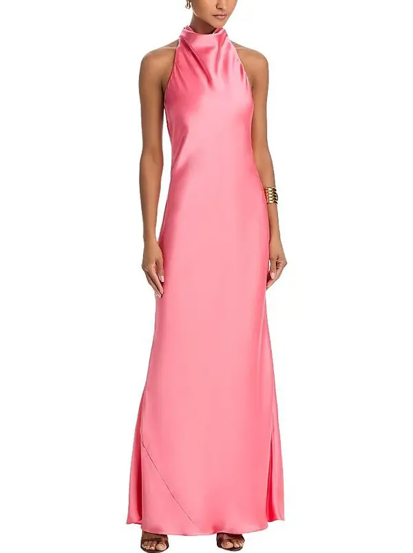Aqua Charmeuse Halter Neck Maxi Dress - Coral