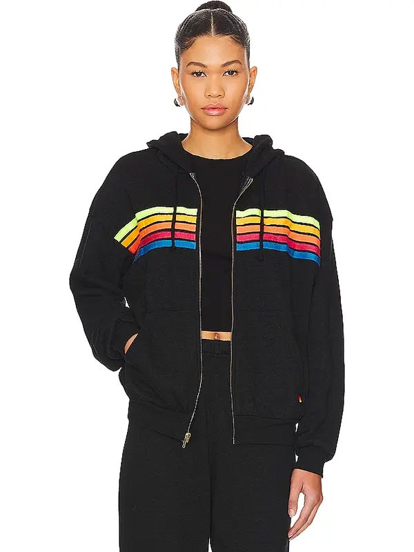 Aviator Nation 5 Stripe Zip Hoodie - Black & Neon Rainbow