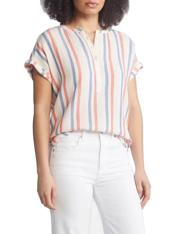 Caslon Stripe Cotton Gauze Henley - Pink Beach- Red Napa Stripe