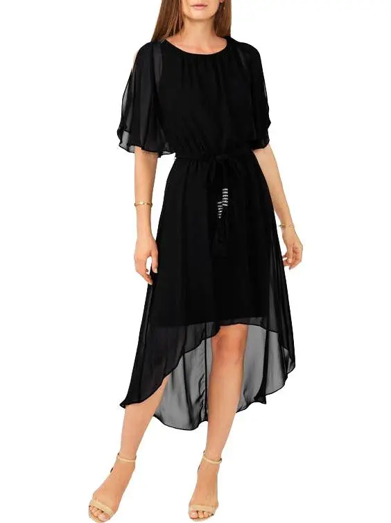 Chaus Flutter Sleeve Chiffon High-low Dress - Rich Black
