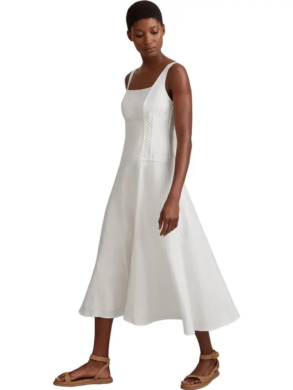 REISS Etta Linen Corset Midi Dress - Ivory