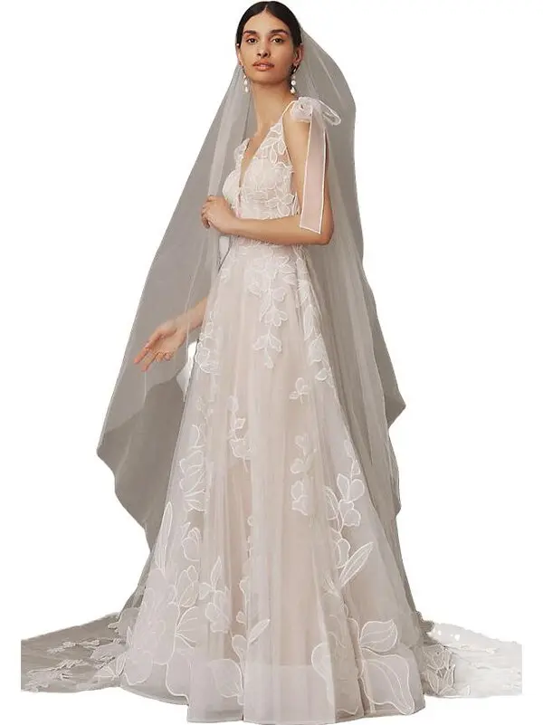 Watters Abstract Floral Chapel Veil - Ivory