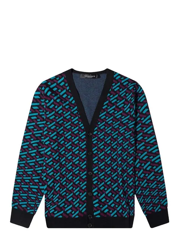 Versace Monogram Geometric Intarsia Cardigan - Black/blue/purple
