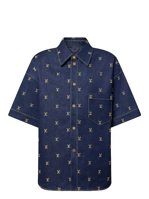 LOUIS VUITTON Embroidered Signature Shortsleeved Denim Shirt - Indigo