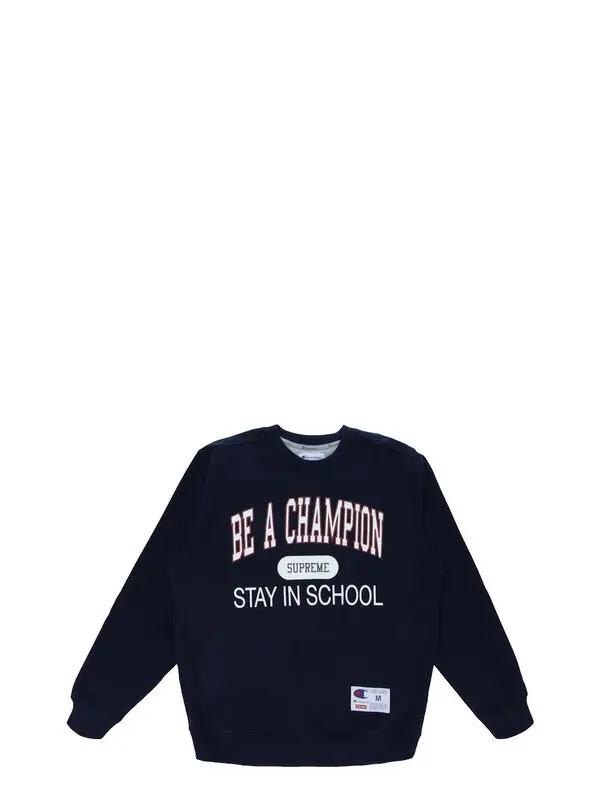 Supreme Champion Stay In School Crewneck Sweatshirt - Navy Blue