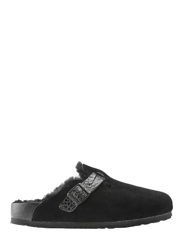BIRKENSTOCK Boston Shearling Suede Clogs With Reptile Embossed Strap - Black