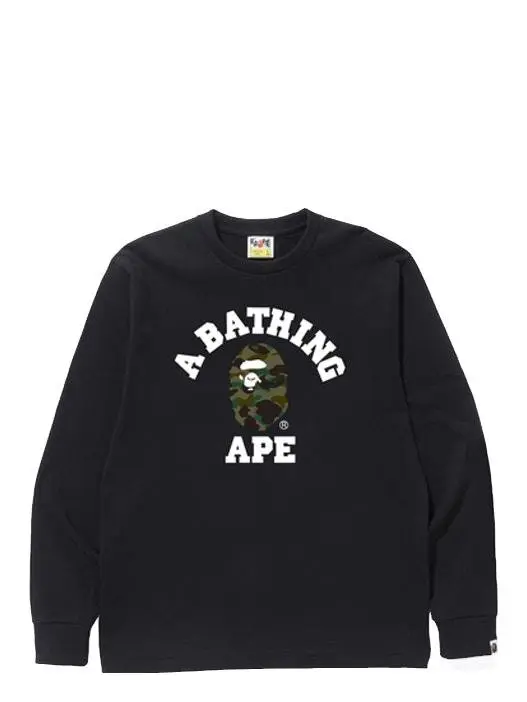 A BATHING APE 1st Camo College Long Sleeve Tee Shirt - Green/black