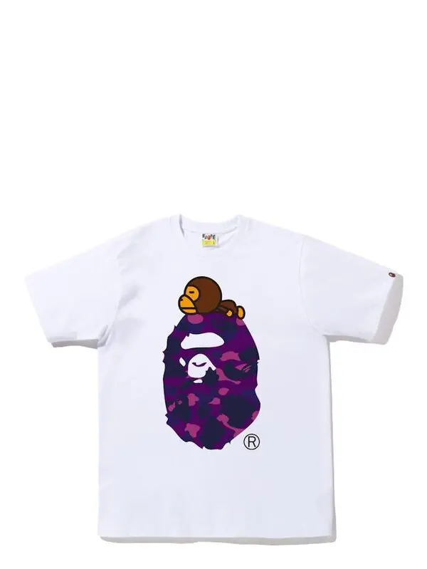 A BATHING APE Camo Milo On Big Ape Tee Shirt - White Purple