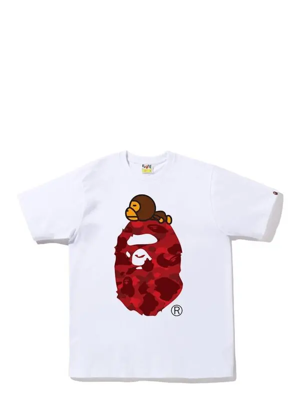 A BATHING APE Camo Milo On Big Ape Tee Shirt - White Red