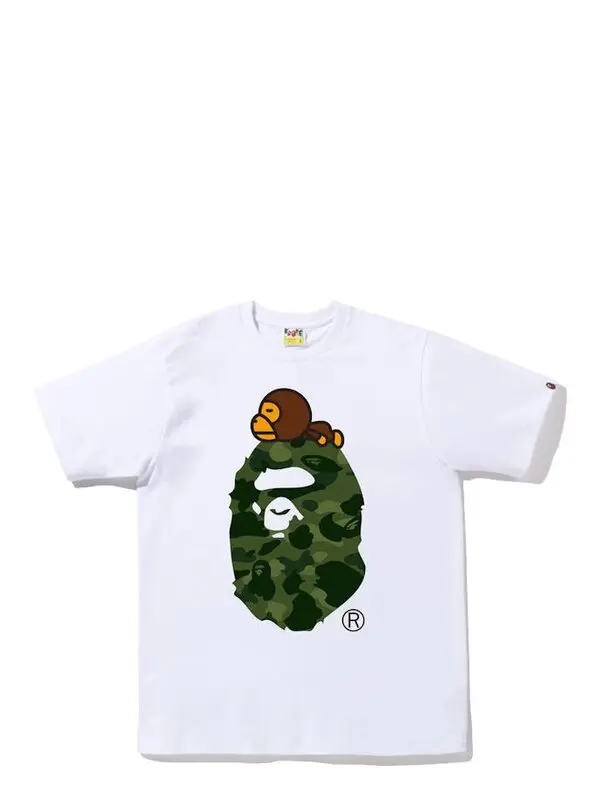 A BATHING APE Camo Milo On Big Ape Tee Shirt - White Green