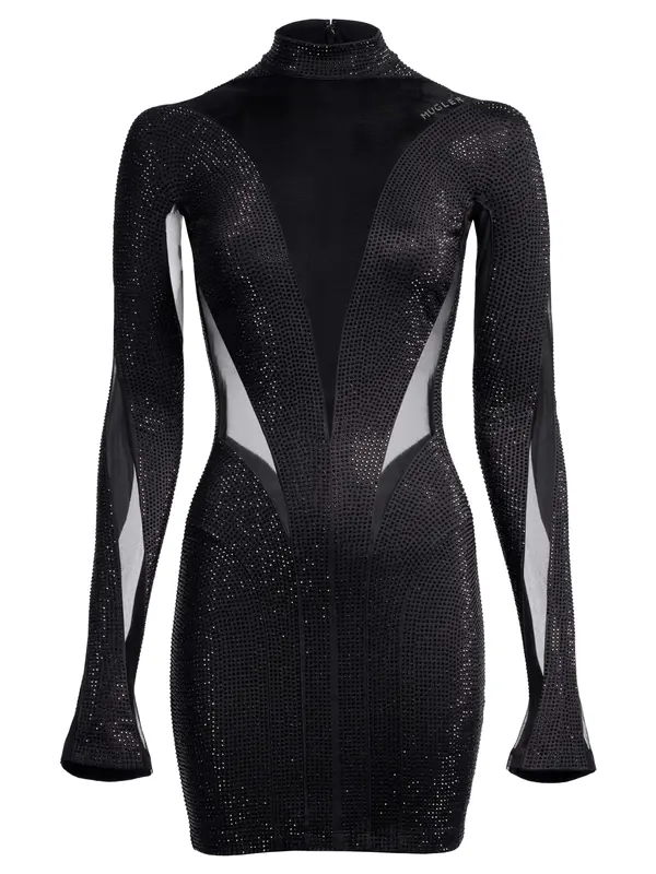 MUGLER Spiral Panel Rhinestone Mini Dress - Black