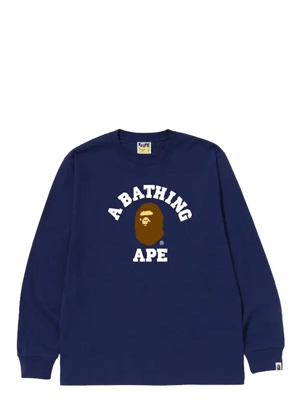 A BATHING APE College Long Sleeve Tee Shirt - Navy Blue