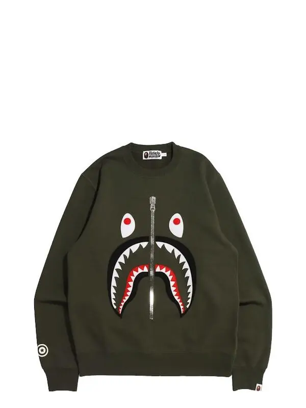 BAPE Patched Shark Crewneck Sweatshirt - Olivedrab Green